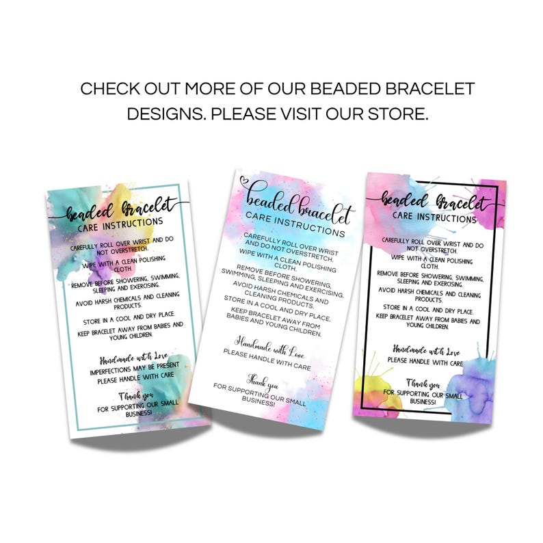 Beaded Bracelet Care Card: Printable Small Business Instructions ...