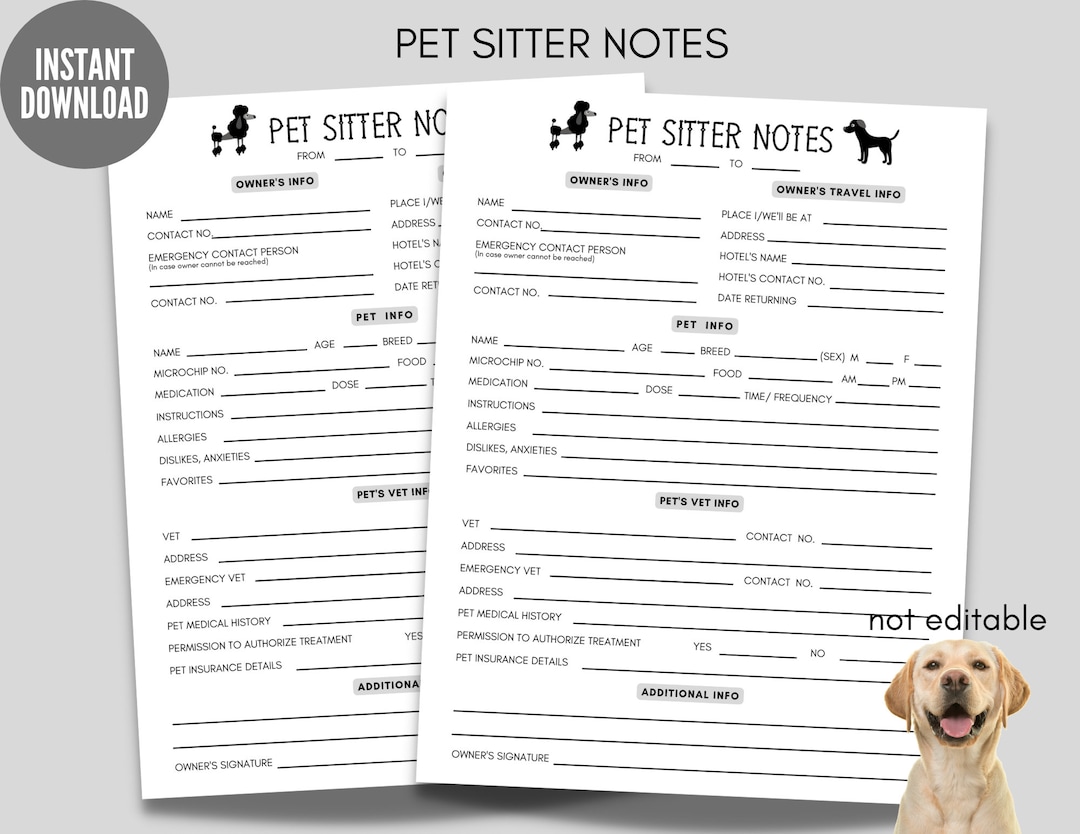 Pet Sitter Notes Form: Printable Pet Information Sheet (US Letter, A4 ...