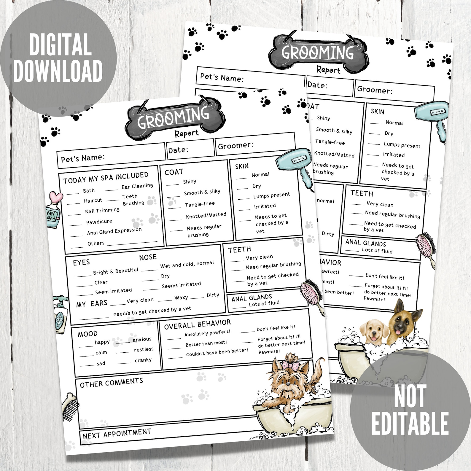 Dog Grooming Report Card: Pet Spa Form (digital Download) - Etsy