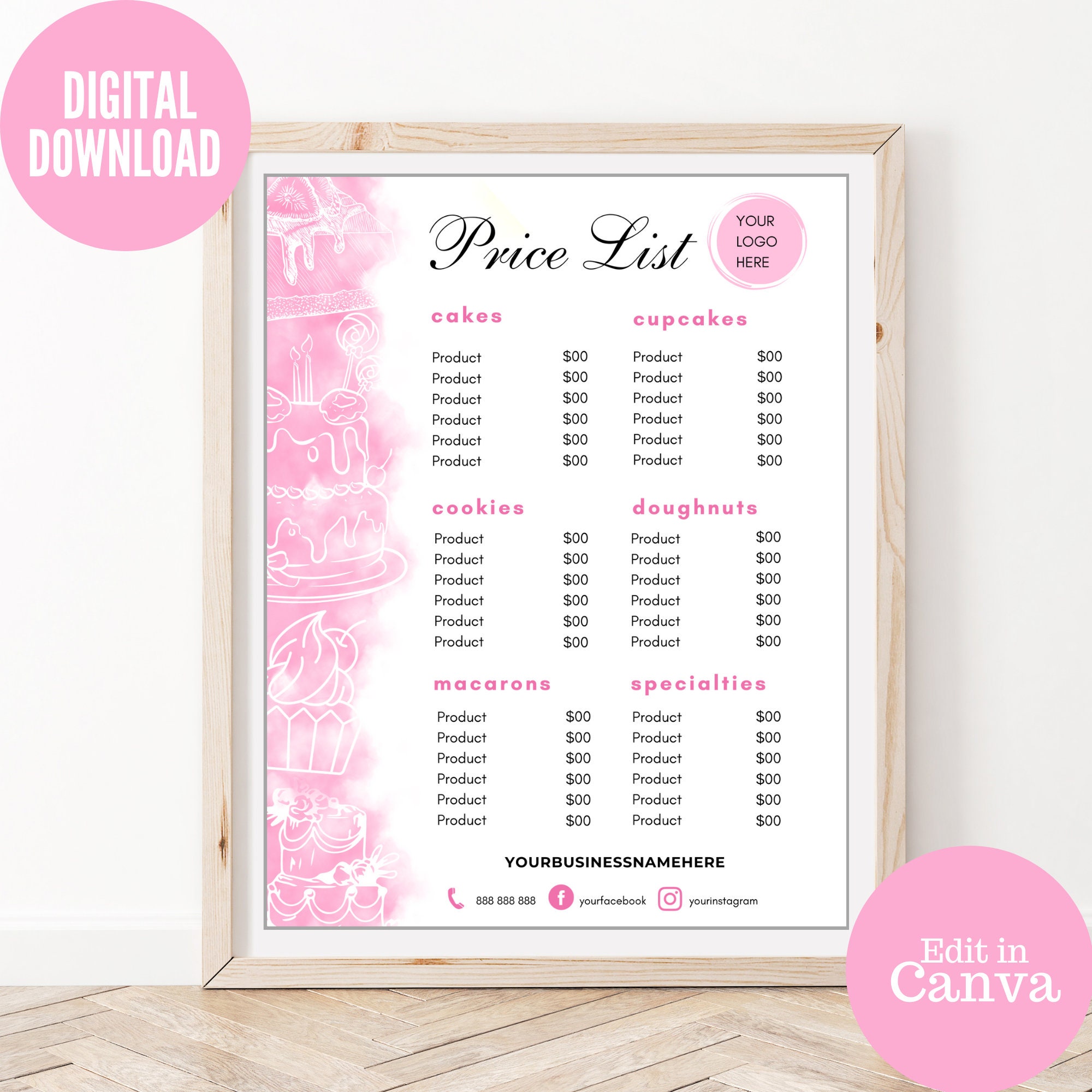 Editable Bakery Price List Template: Minimalist Cake Menu (digital ...