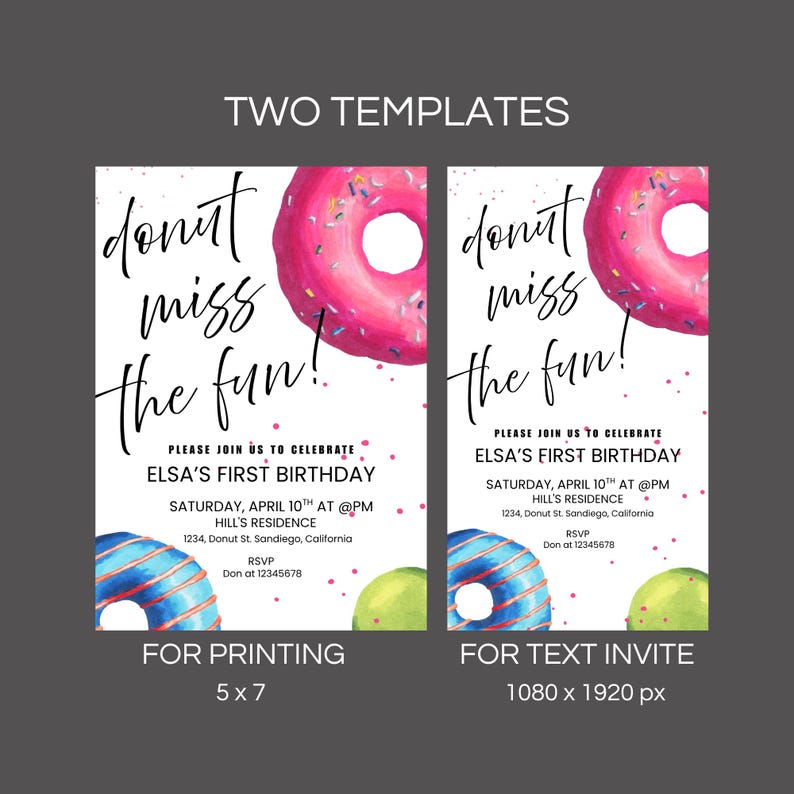 Editable Donut Birthday Invitation: Canva Template (5x7, Digital ...
