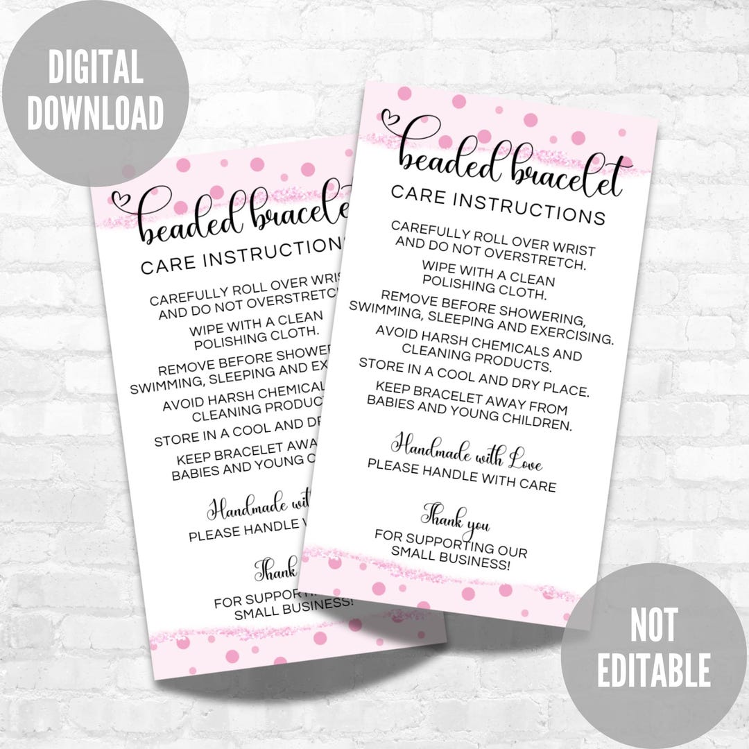 Beaded Bracelet Care Card: Printable Small Business Instructions ...