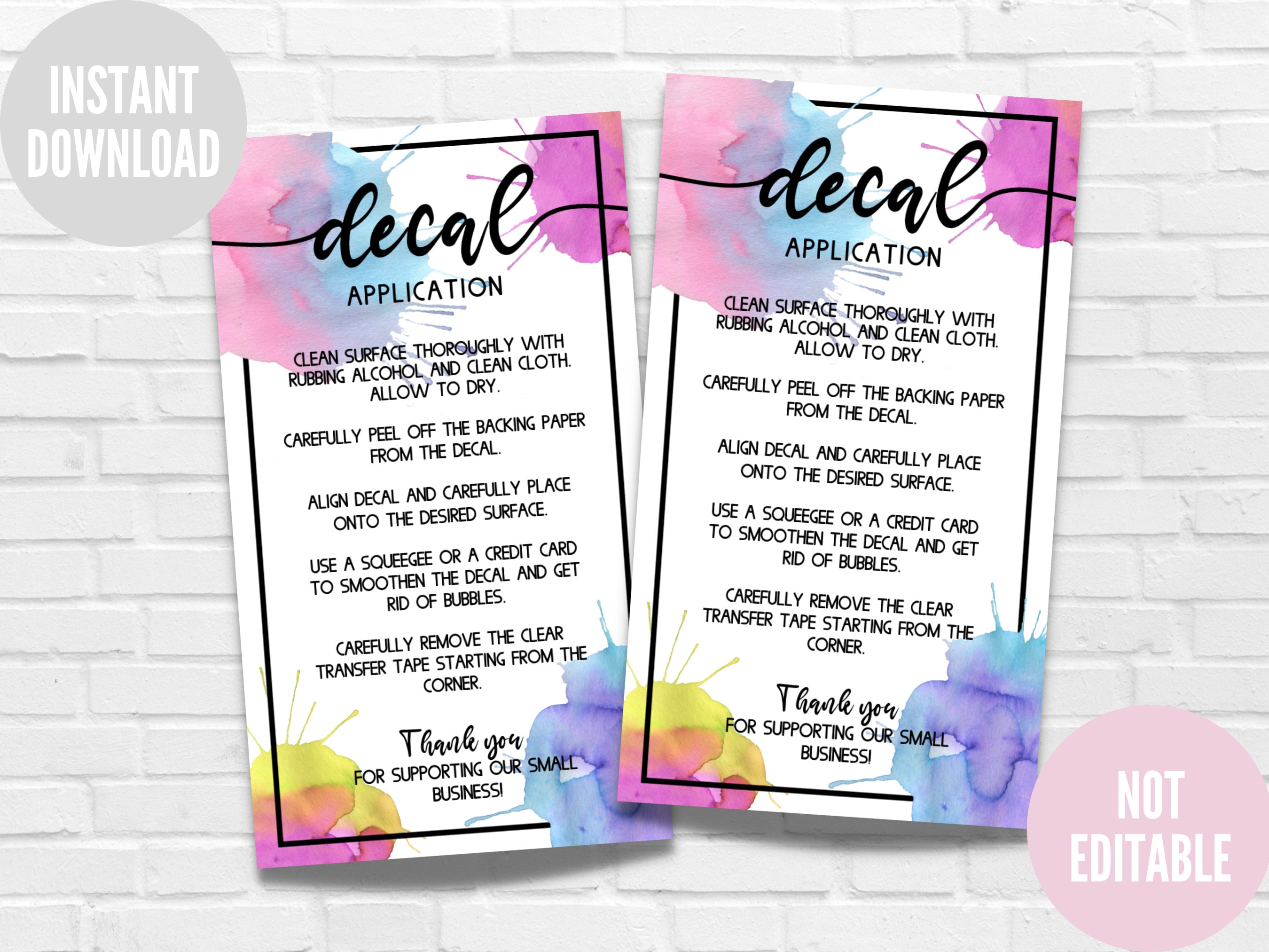 Printable Vinyl Decal Application Instructions Card for Small - Etsy
