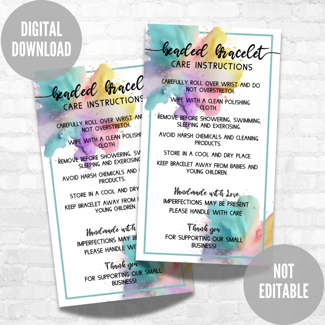 Beaded Bracelet Care Card: Small Business Instructions (digital ...