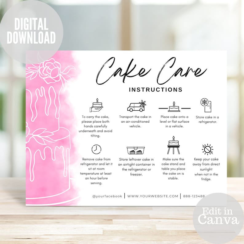 Cake Care Card, Care Instructions Template, Printable Cake Guide ...