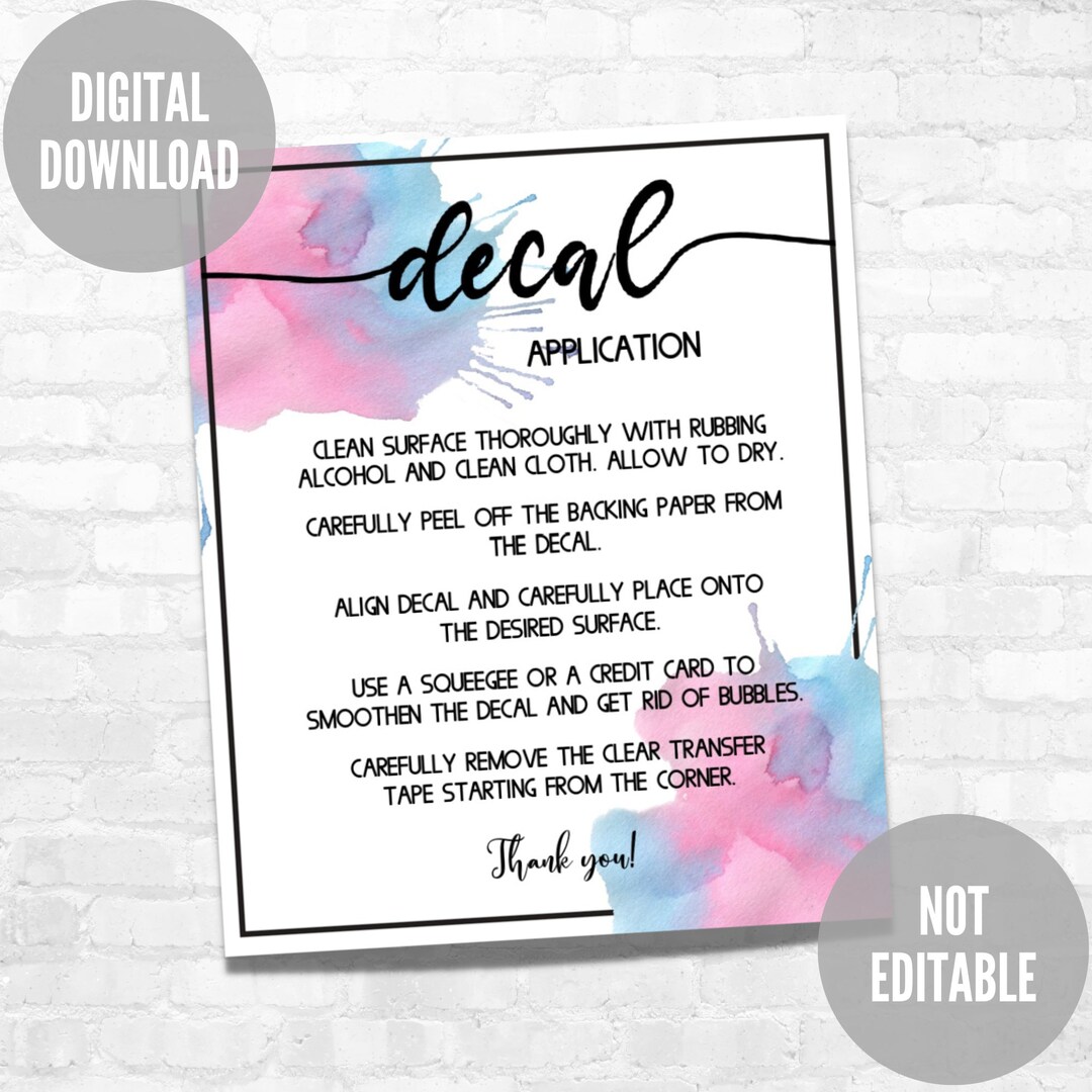 Vinyl Decal Application Printable Instructions Card for Small Business ...