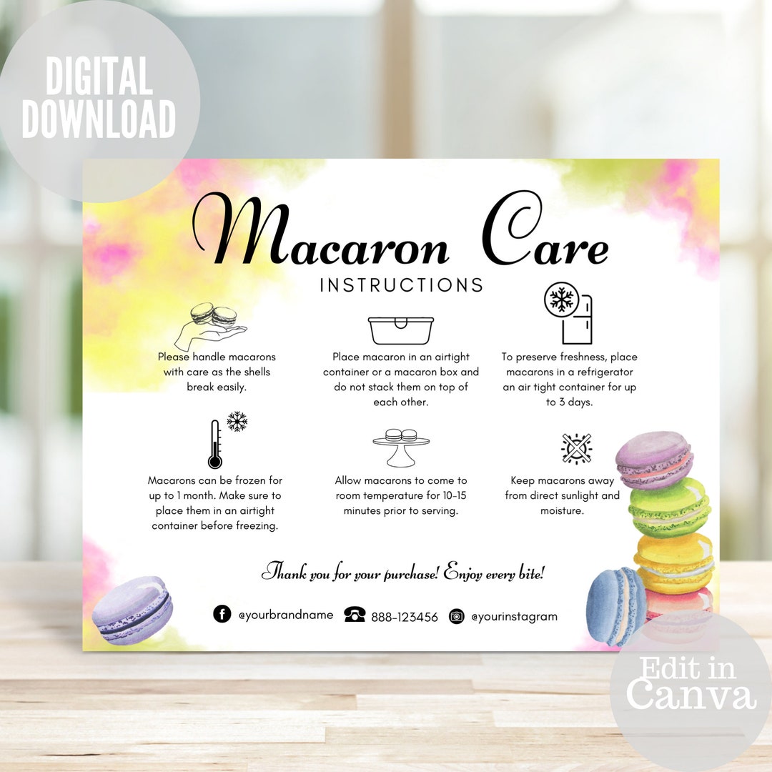 Macaron Care Instructions Card Template: Bakery Package Insert (digital ...