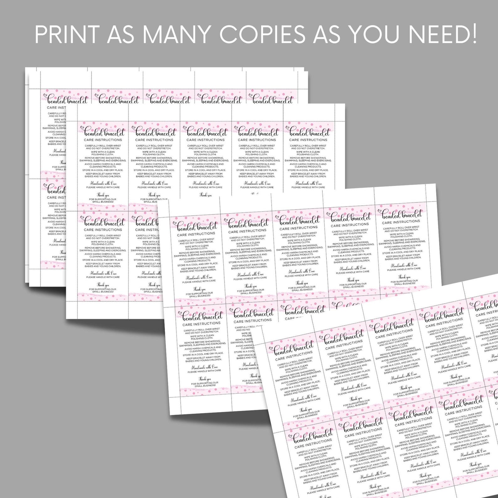 Beaded Bracelet Care Card: Printable Small Business Instructions ...