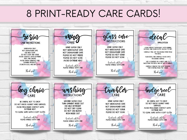 Care Card Bundle Printable Care Instructions for Small - Etsy