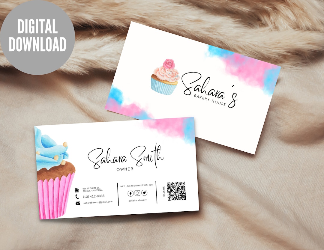 Bakery Business Card Template: Watercolor Cupcake Design (digital ...