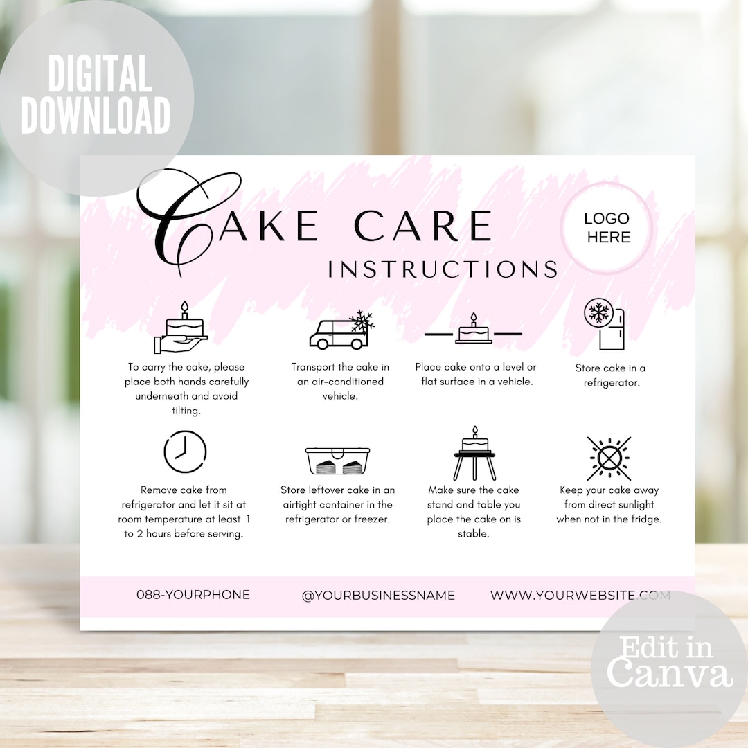 Cake Care Card, Care Instructions Template, Printable Cake Guide ...