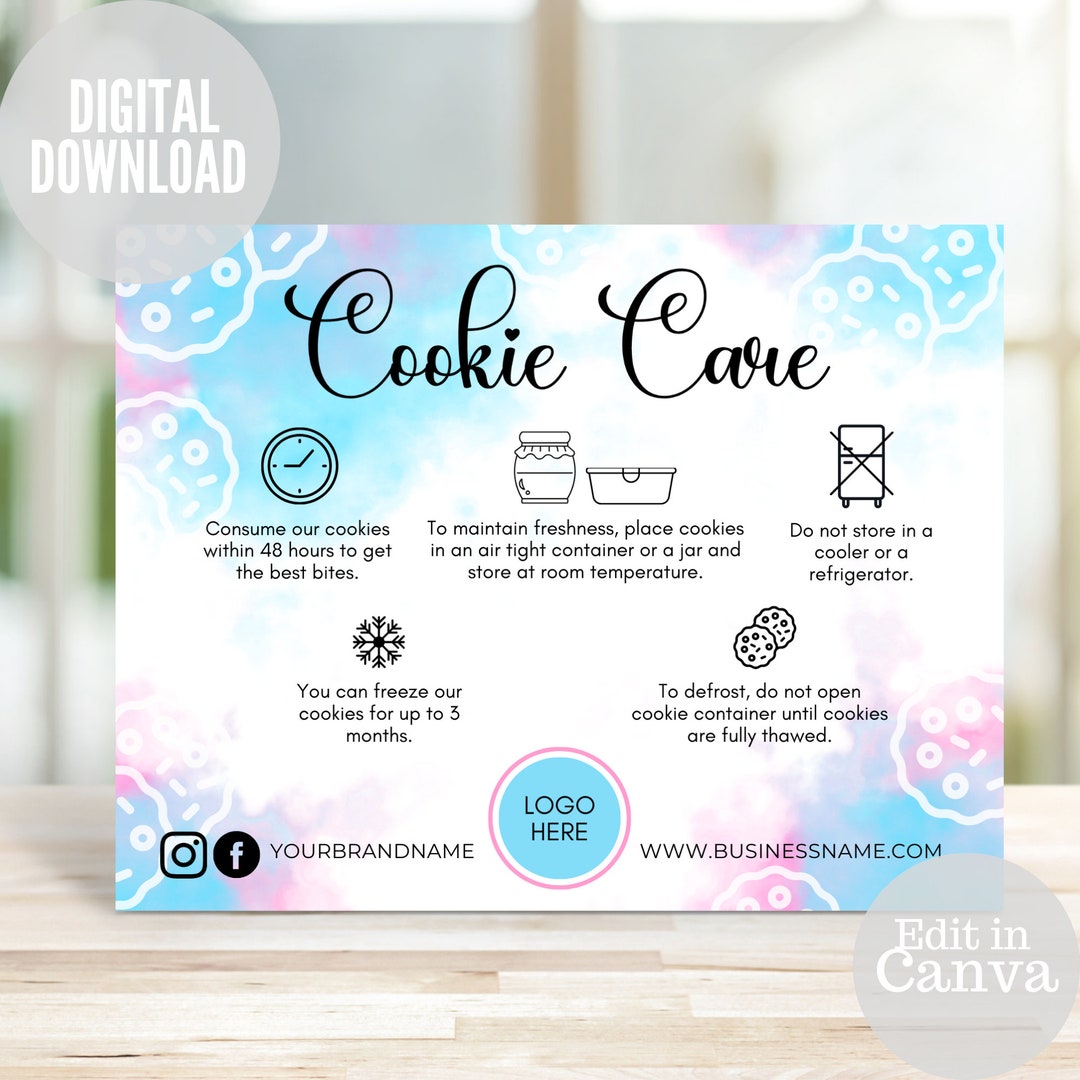 Cookie Care Card, Care Instructions Template, Printable Cookie Guide ...