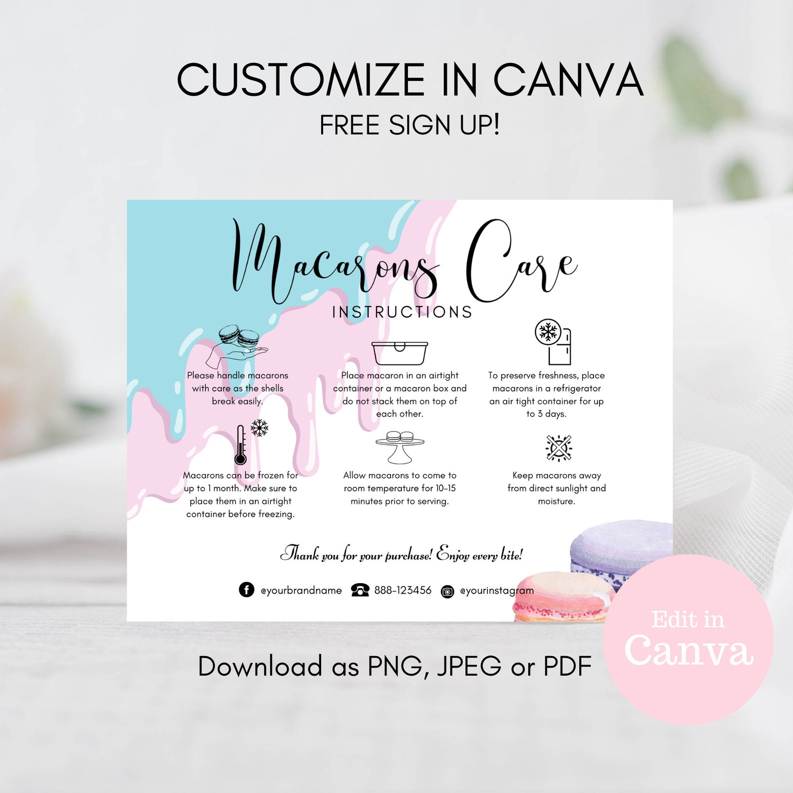 Macaron Care Card, Care Instructions Template, Printable Macaron Guide ...