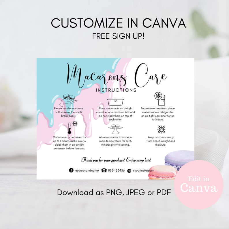 Macaron Care Card, Care Instructions Template, Printable Macaron Guide ...