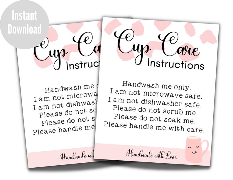 Tumbler Cup Care Instructions Card: Printable Mug Washing Guide (PDF ...