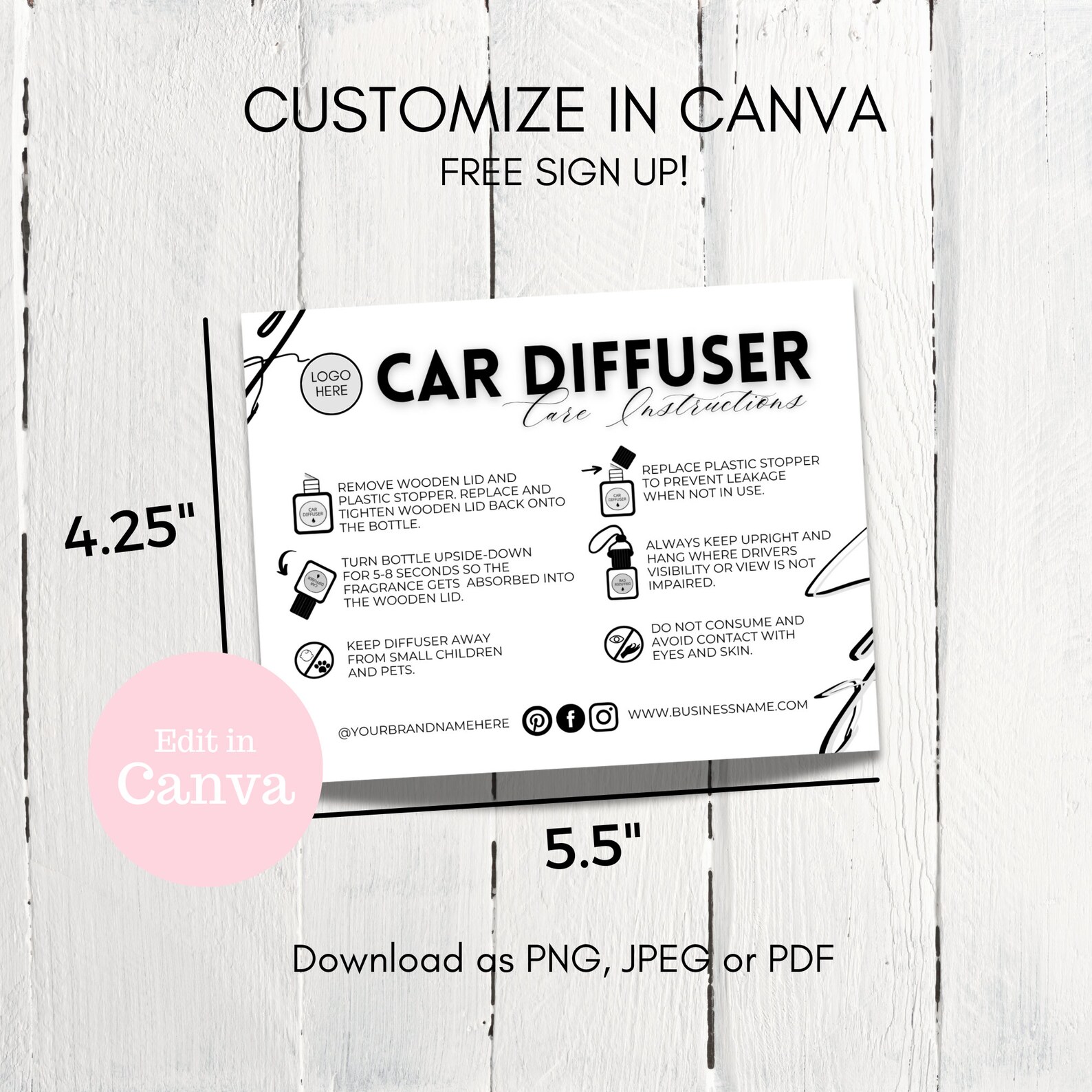 Car Diffuser Care Card: Small Business Instructions (canva Editable ...