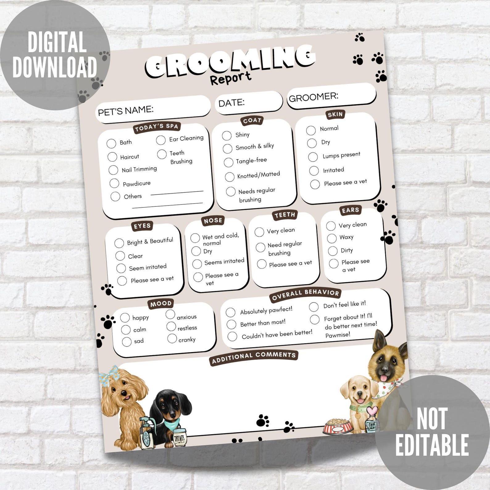 Dog Grooming Report Card: Pet Spa Form (printable PDF) - Etsy