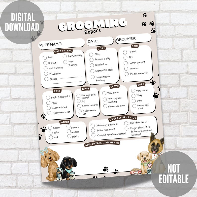 Dog Grooming Report Card: Pet Spa Form (printable PDF) - Etsy