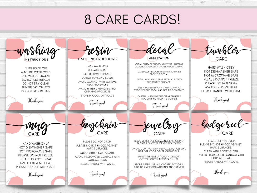 Care Card Bundle, Printable Instructions Cards for Small Business, Care ...