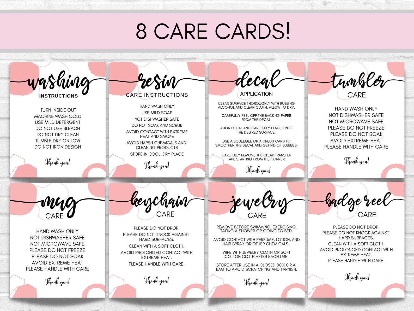 Care Card Bundle, Printable Instructions Cards for Small Business, Care ...