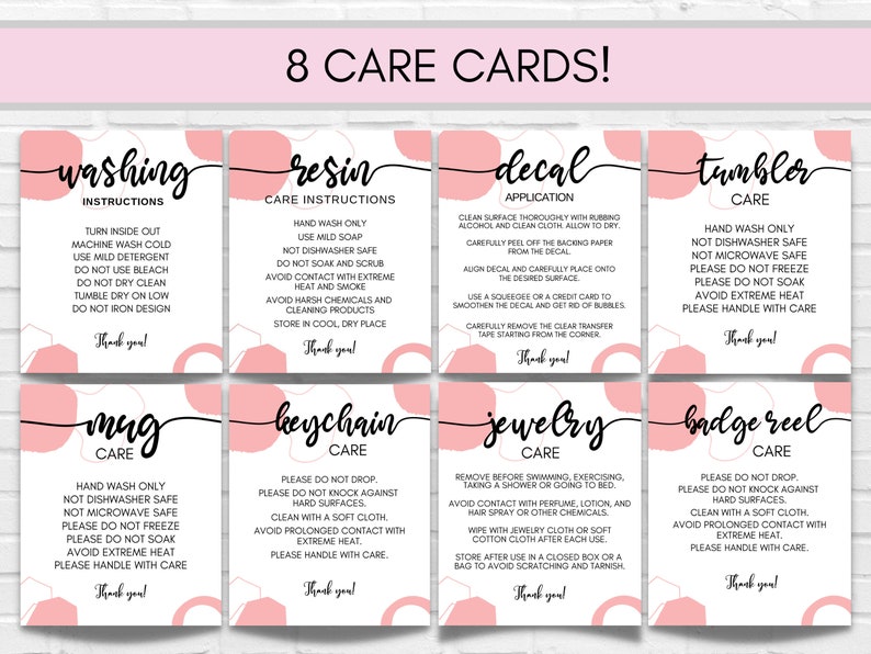 Care Card Bundle, Printable Instructions Cards for Small Business, Care ...