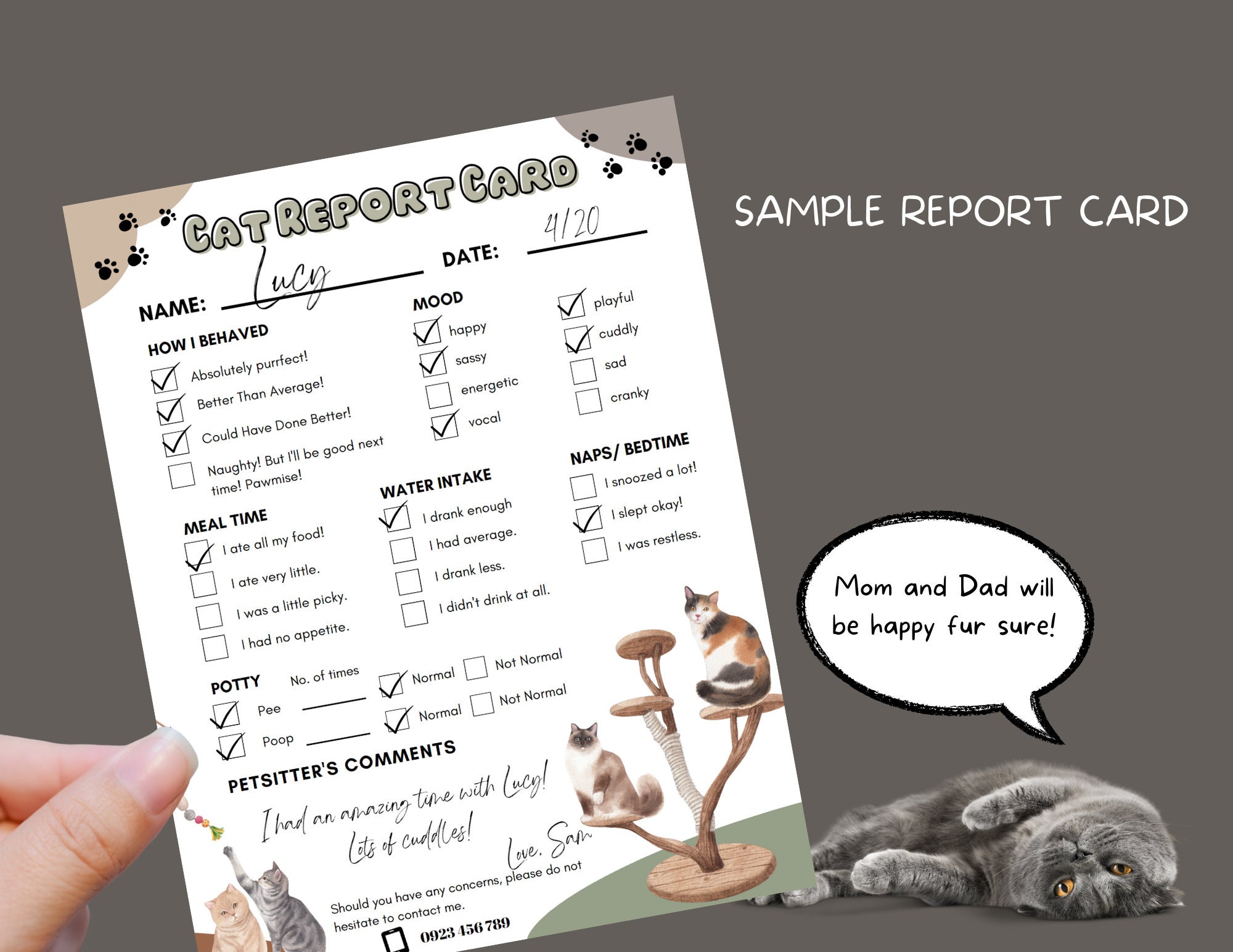 Cat Report Card, Editable Pet Boarding Report Card, Cat Sitting Report ...