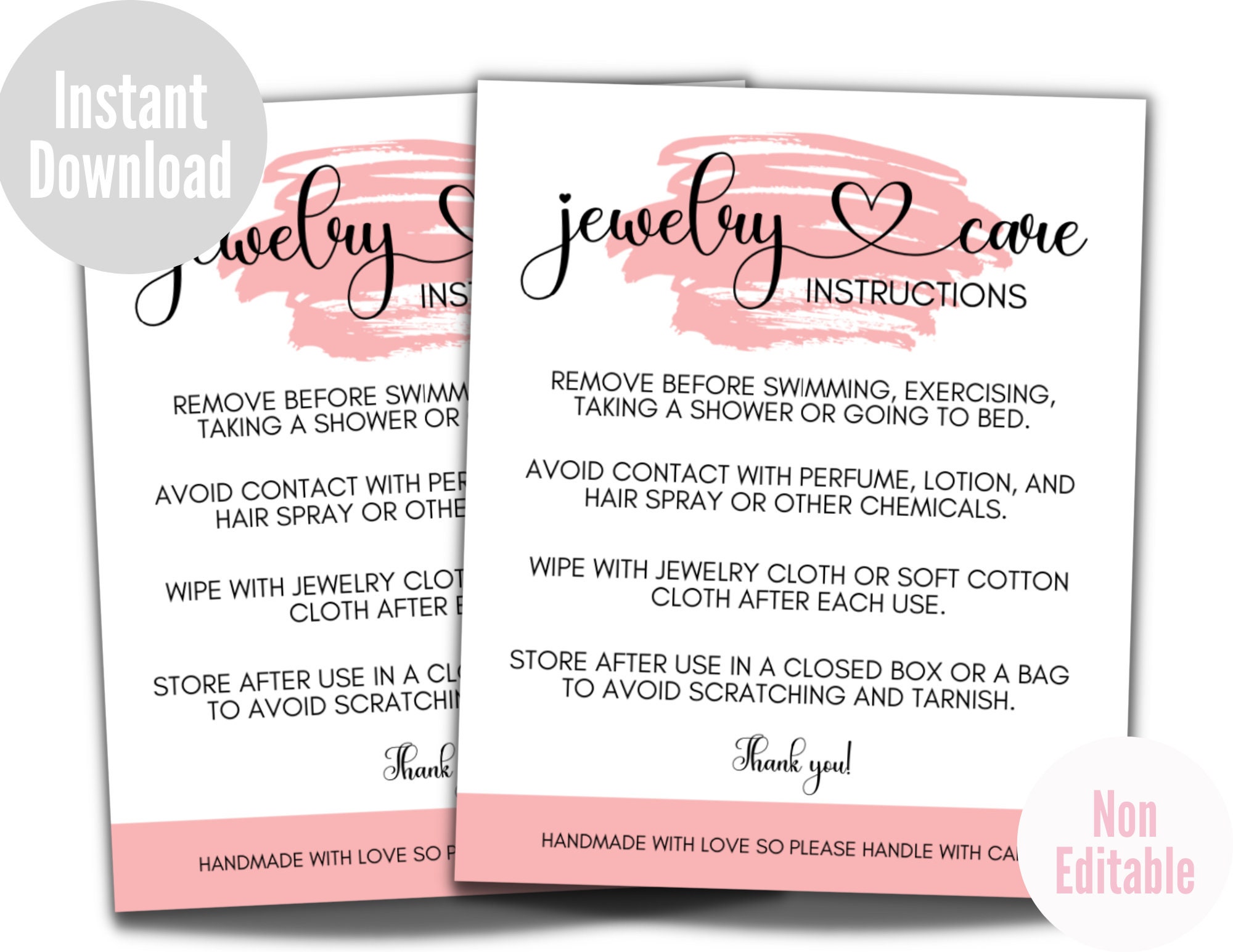 Jewelry Care Card Printable Instructions Card Small Business - Etsy
