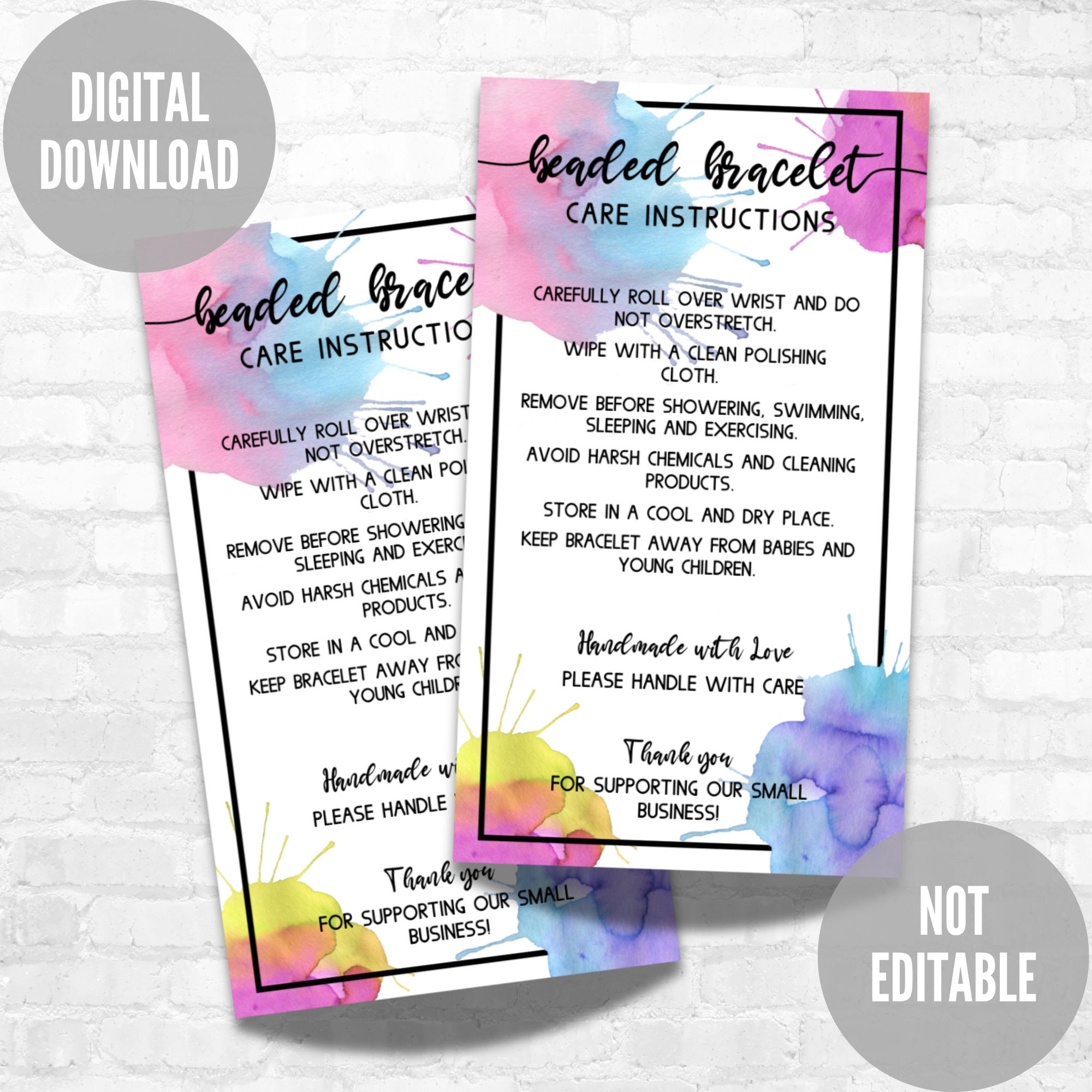 Beaded Bracelet Care Card: Small Business Instructions (digital ...