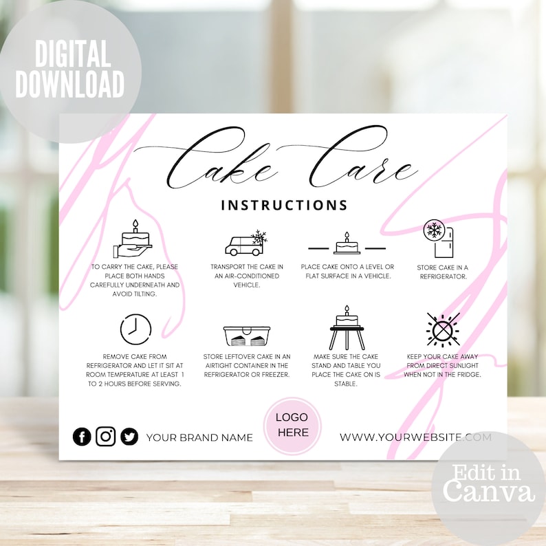 Cake Care Card, Care Instructions Template, Printable Cake Guide ...