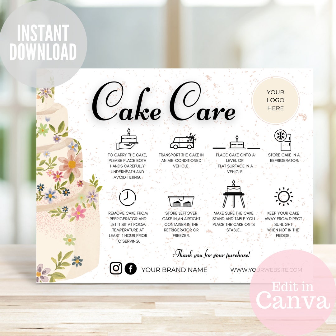 Cake Care Card, Care Instructions Template, Printable Cake Guide ...