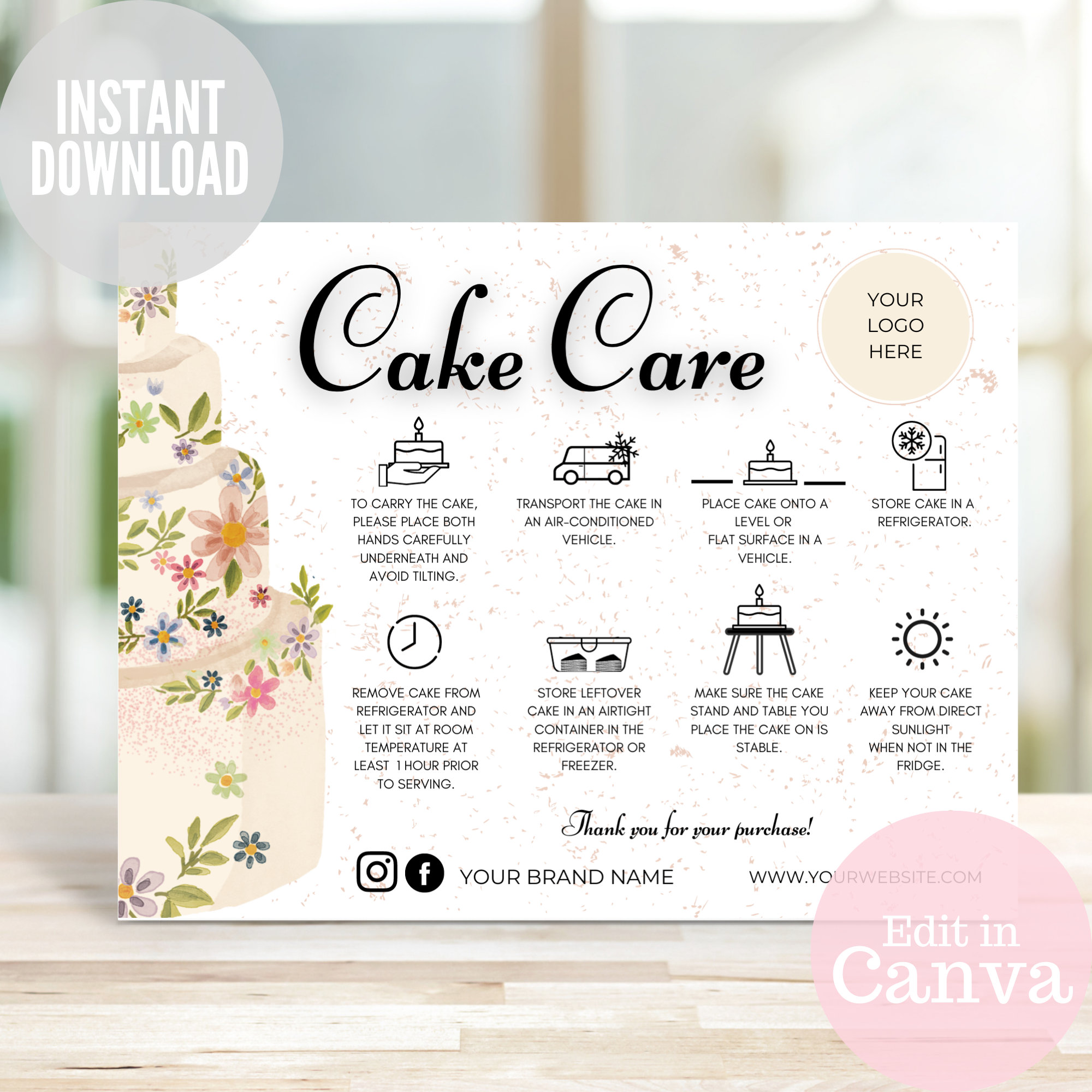 Cake Care Card Care Instructions Template Printable Cake - Etsy