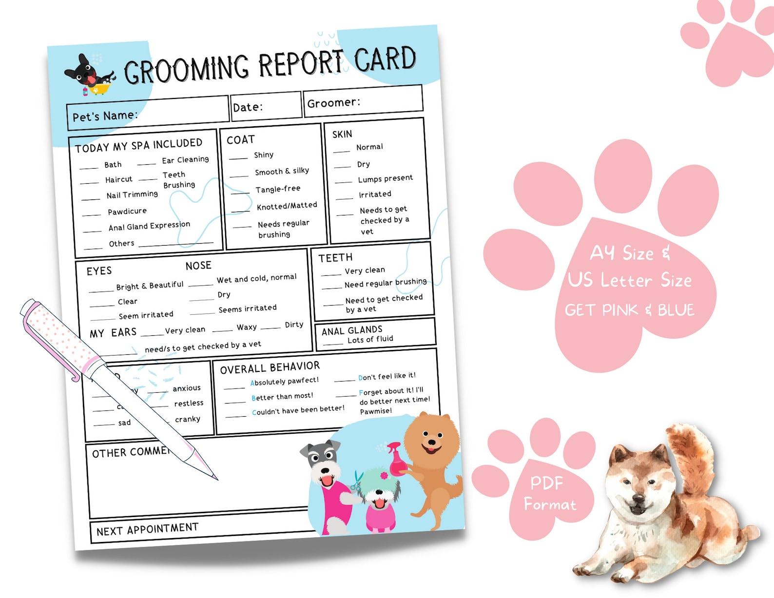 Grooming Report Card, Dog Grooming Report Form, Pet Spa Report Form ...