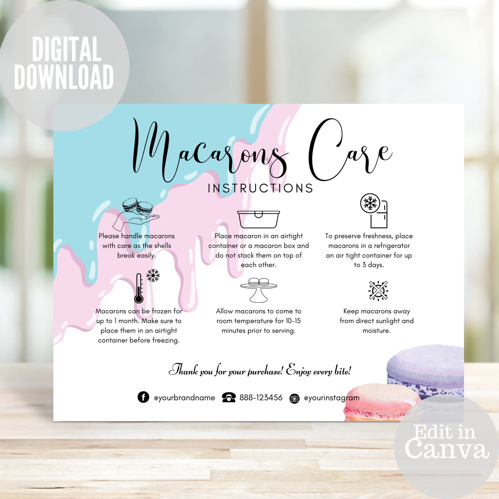 Macaron Care Card, Care Instructions Template, Printable Macaron Guide ...