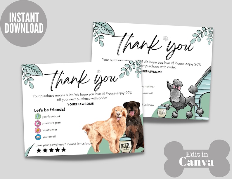 Pet Thank You Card Template, Dog Thank You Card Printable, Pet Business ...