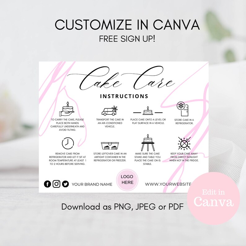 Printable Cake Care Card Template: Bakery Instructions (canva Editable ...
