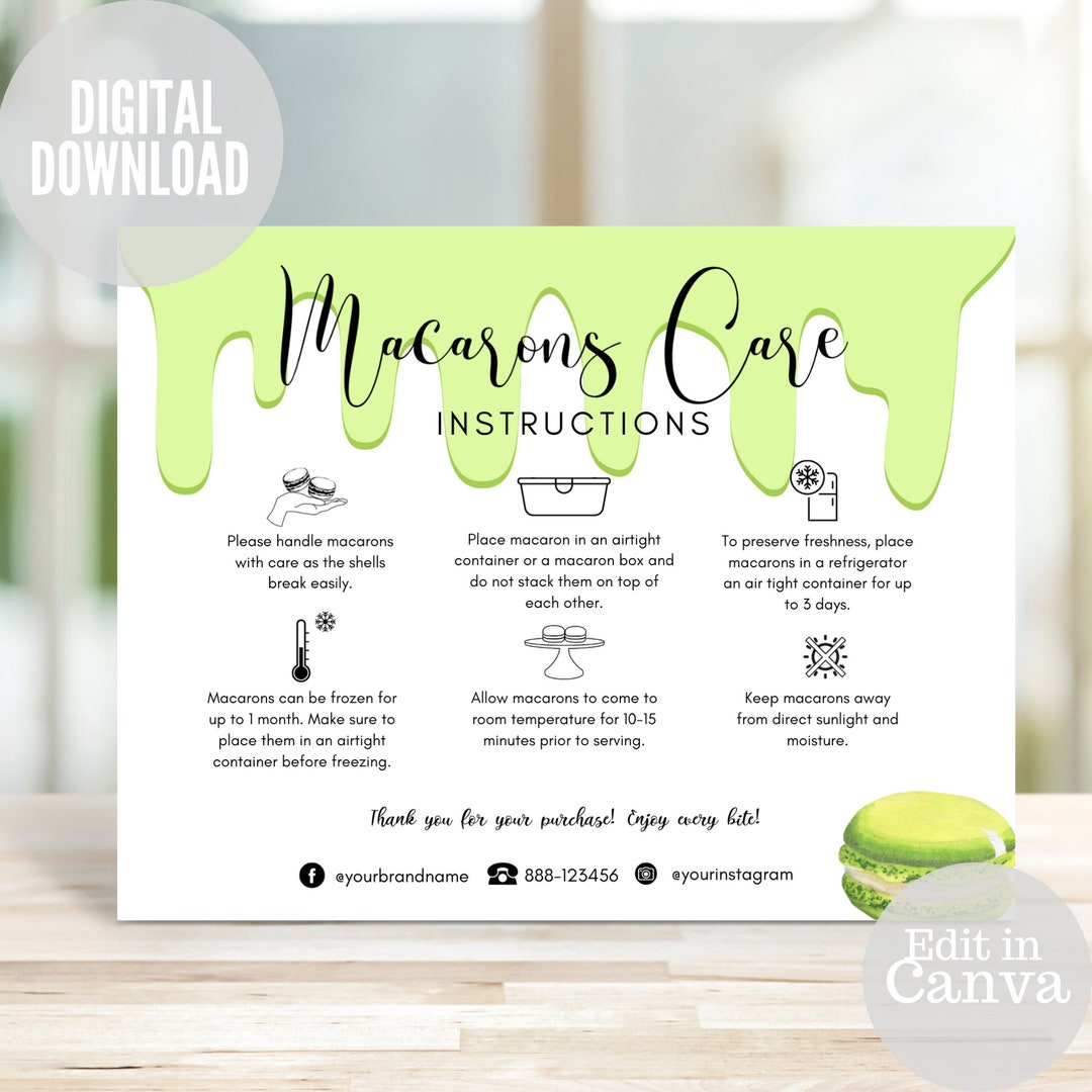 Macaron Care Card, Care Instructions Template, Printable Macaron Guide ...