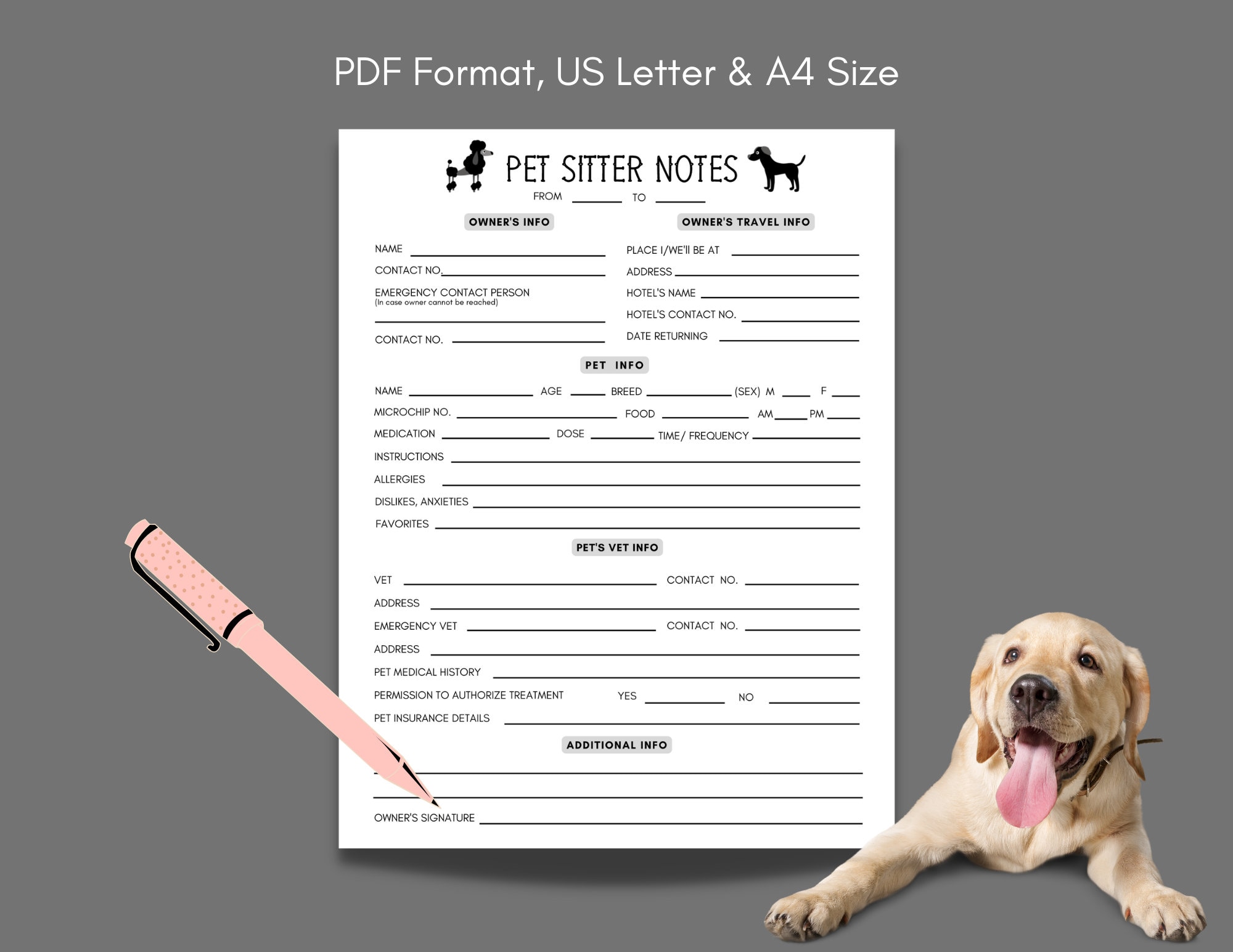 Pet Sitter Notes Form: Printable Pet Information Sheet (US Letter, A4 ...