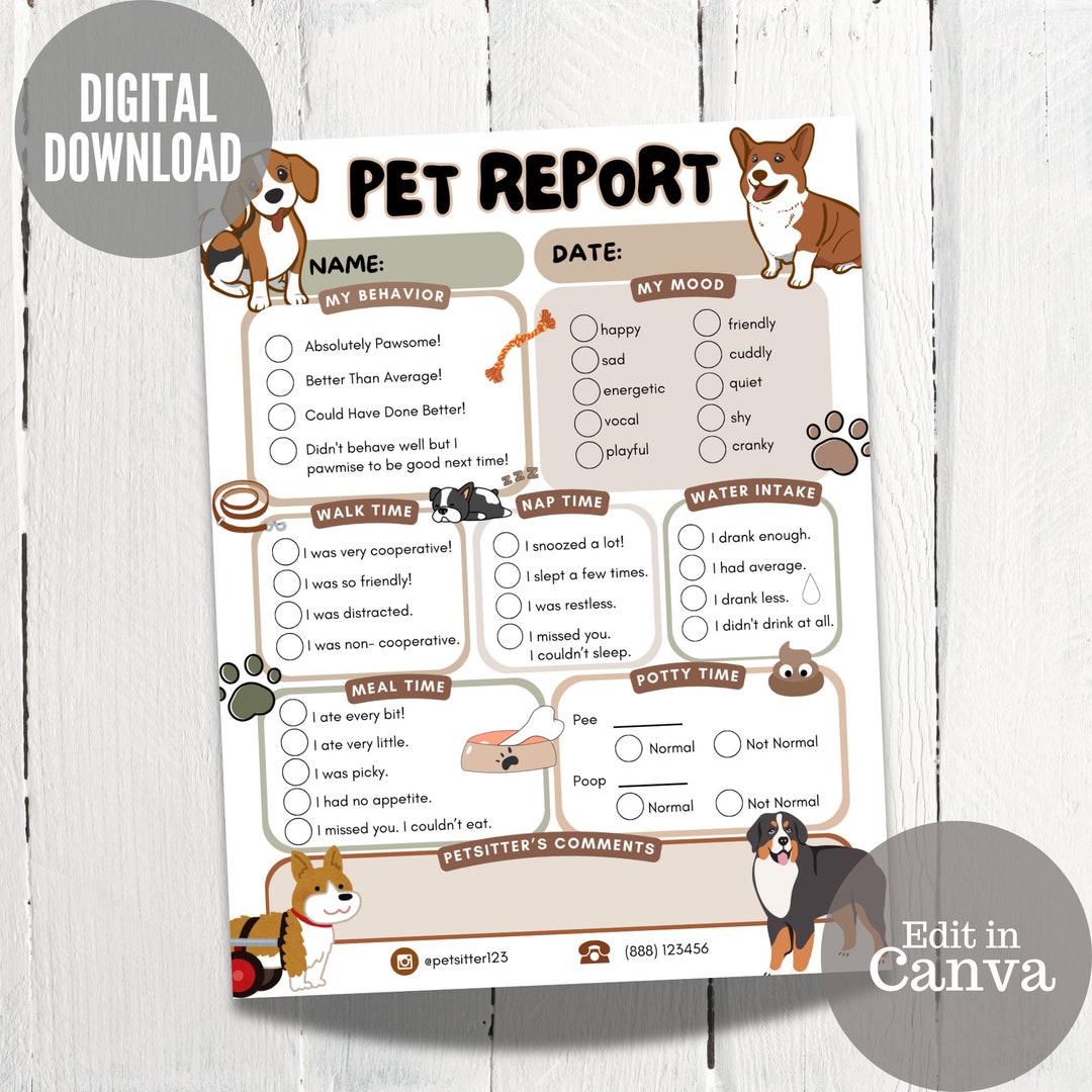 Dog Report Card Template, Editable Pet Report Card, Dog Walking Report ...