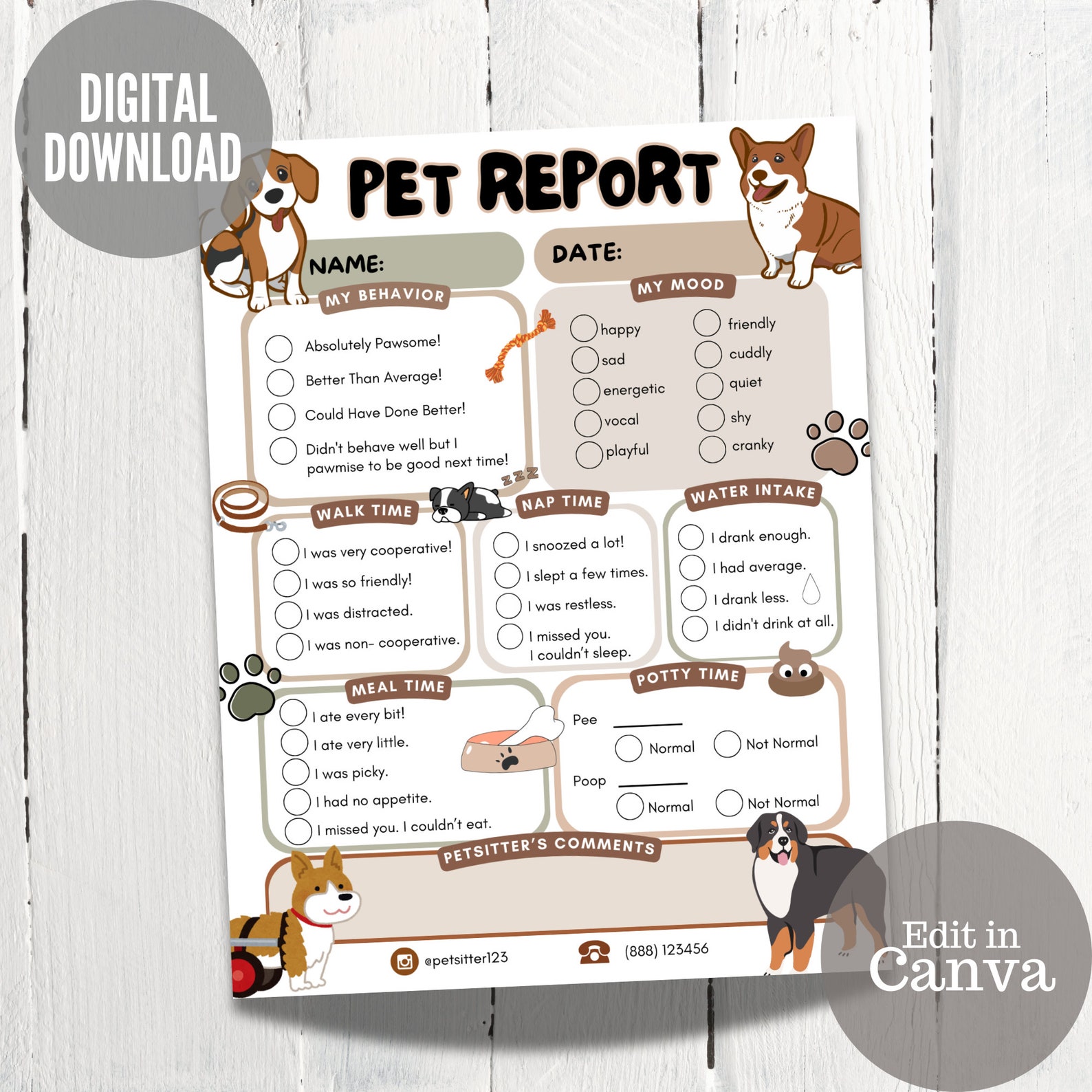 Dog Report Card Template, Editable Pet Report Card, Dog Walking Report ...