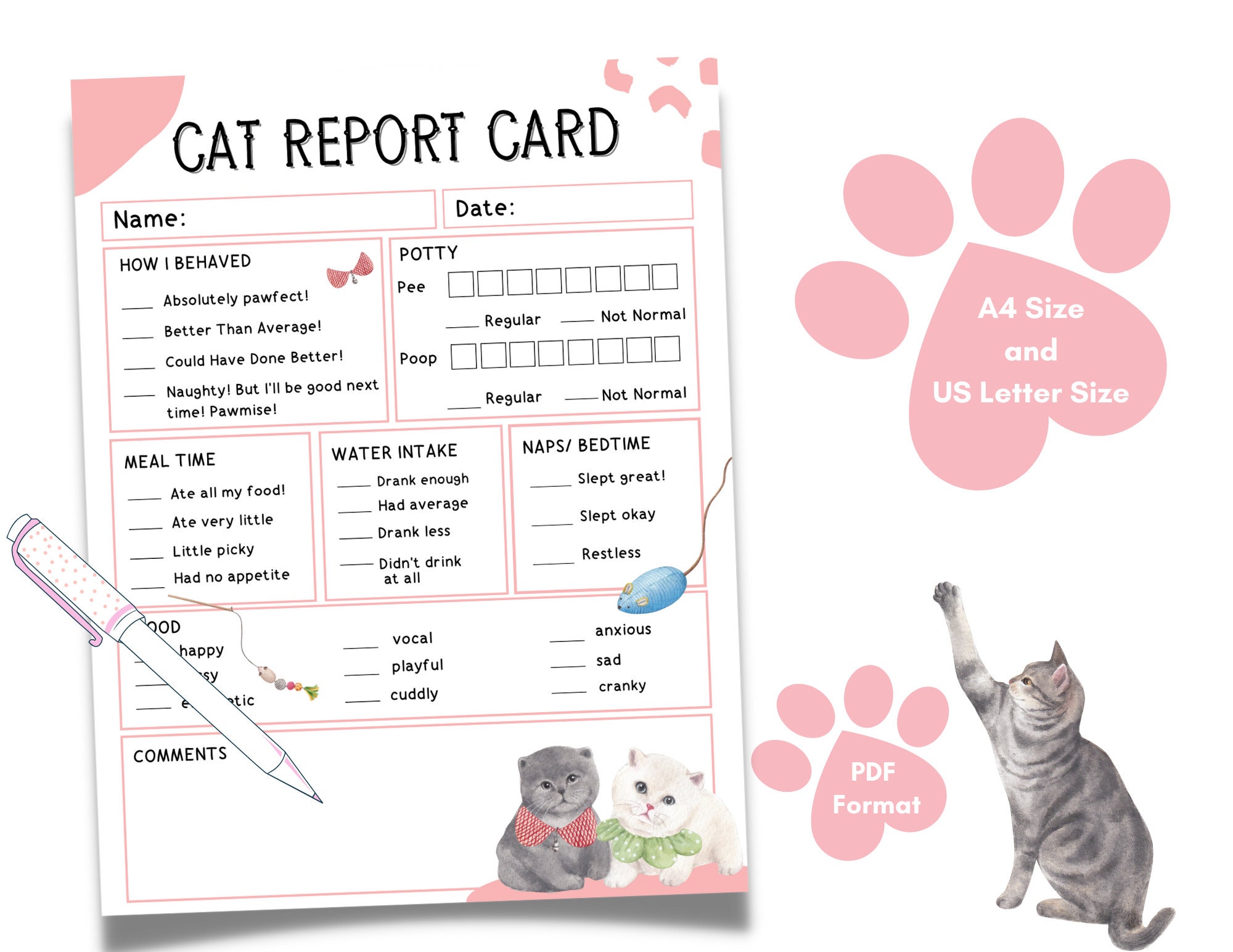 Cat Report Card Pet Report Card Ready to Print Pet Sitter - Etsy