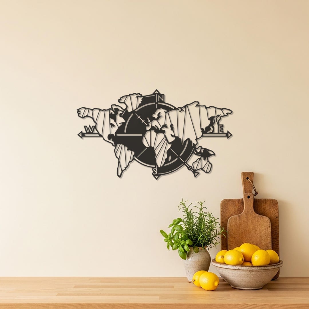 World Map Metal Wall Art With Compass, Modern Travel Decor, Wanderlust ...