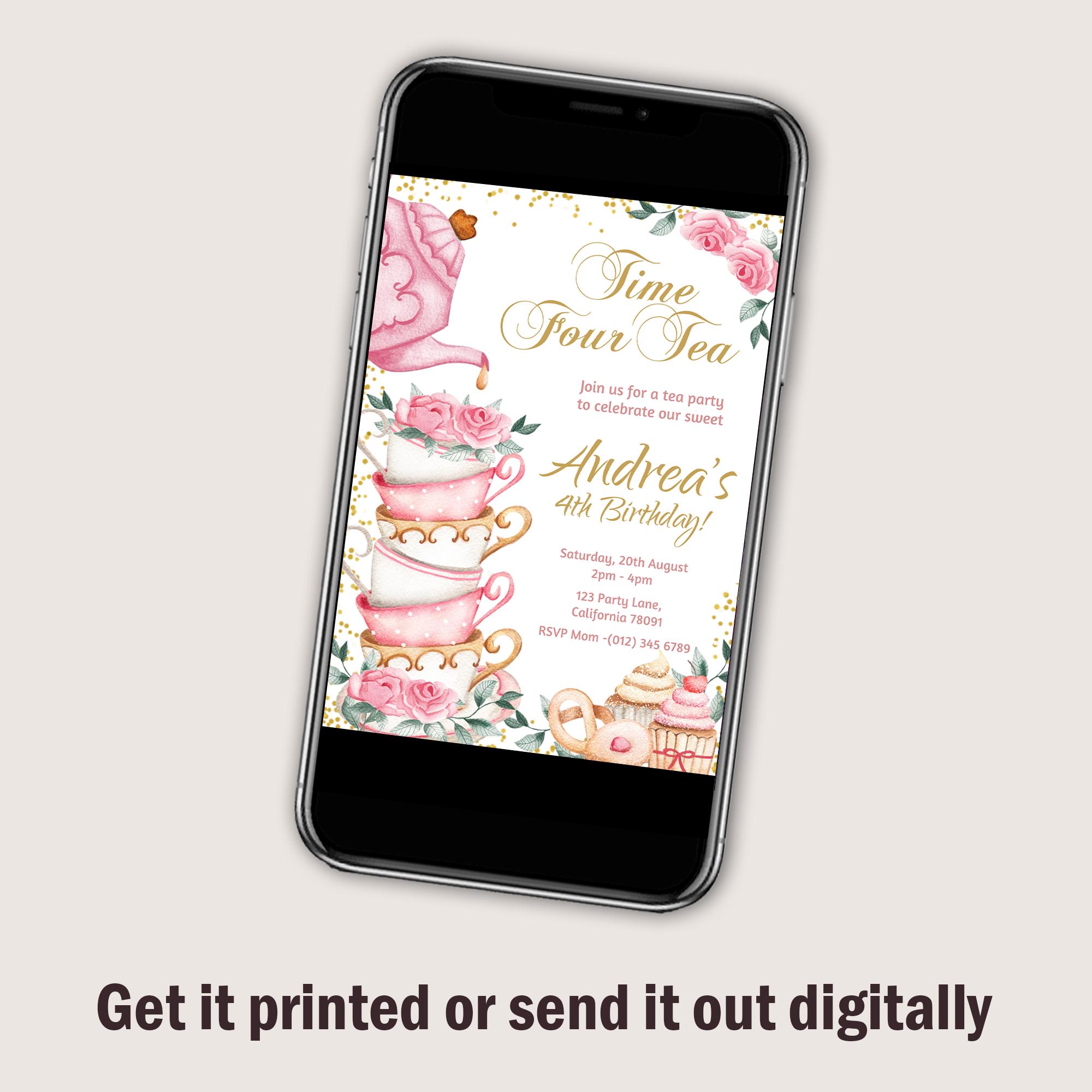 Time Four Tea Invitation Tea Party 4th Birthday Invitation Floral Tea ...
