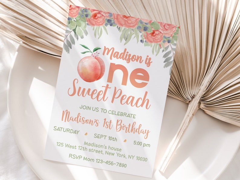 Editable Peach Birthday Invitation One Sweet Peach First - Etsy