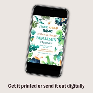 Editable Dinosaur Birthday Invitation Template Green Cute Dino Bday ...