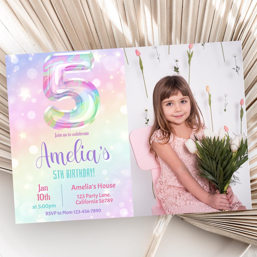 5th Birthday Invitation Photo Girl 5th Birthday Invite Picture Rainbow ...