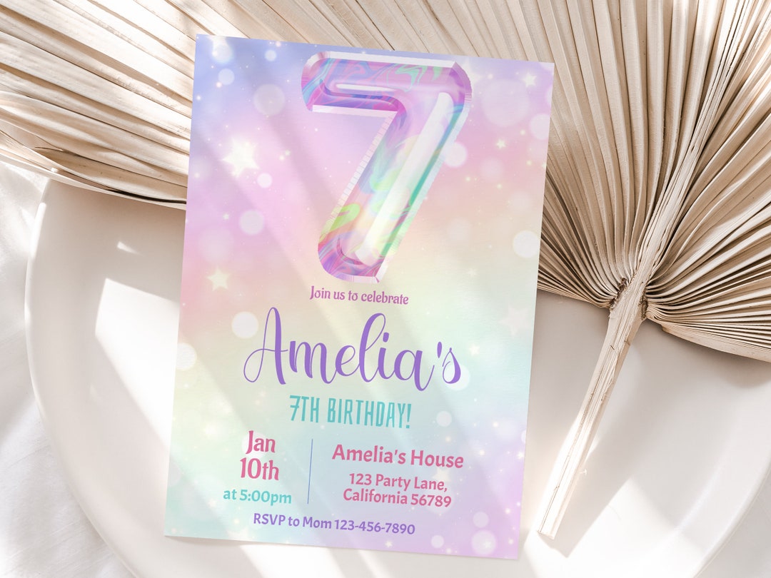 7th Birthday Invitation Girl 7th Birthday Party Invitation Rainbow ...