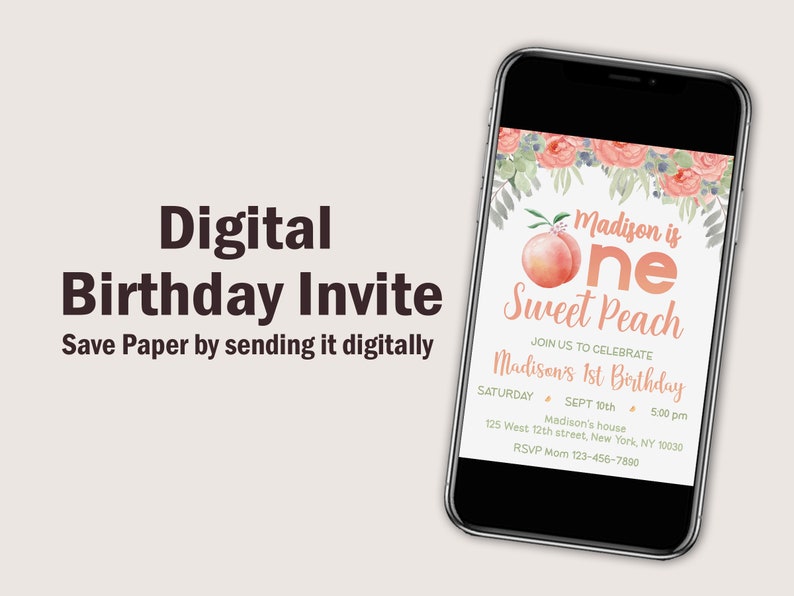 Editable Peach Birthday Invitation One Sweet Peach First - Etsy