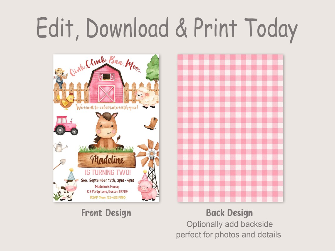 Girl Barnyard Birthday Invitation Editable Pink Barn Party - Etsy