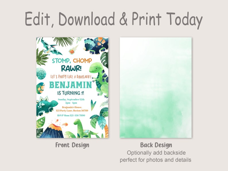 Editable Dinosaur Birthday Invitation Template Green Cute Dino - Etsy