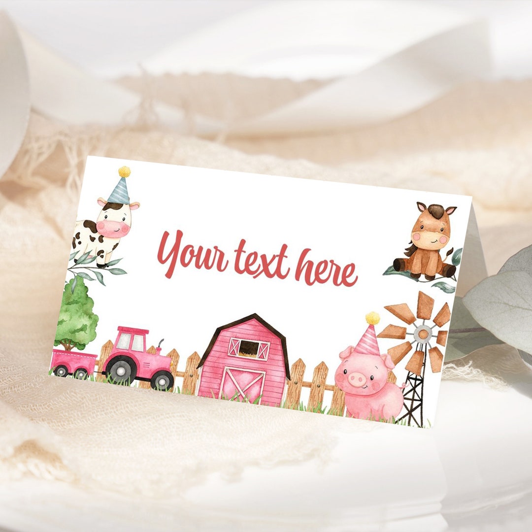 Pink Farm Animals Food Tent Barnyard Birthday Tent Card Barn Food Label ...